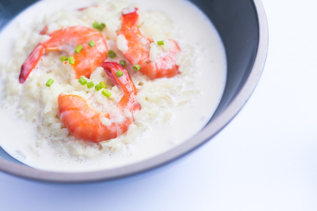 Risotto crevettes, émulsion lait de coco au citron vert